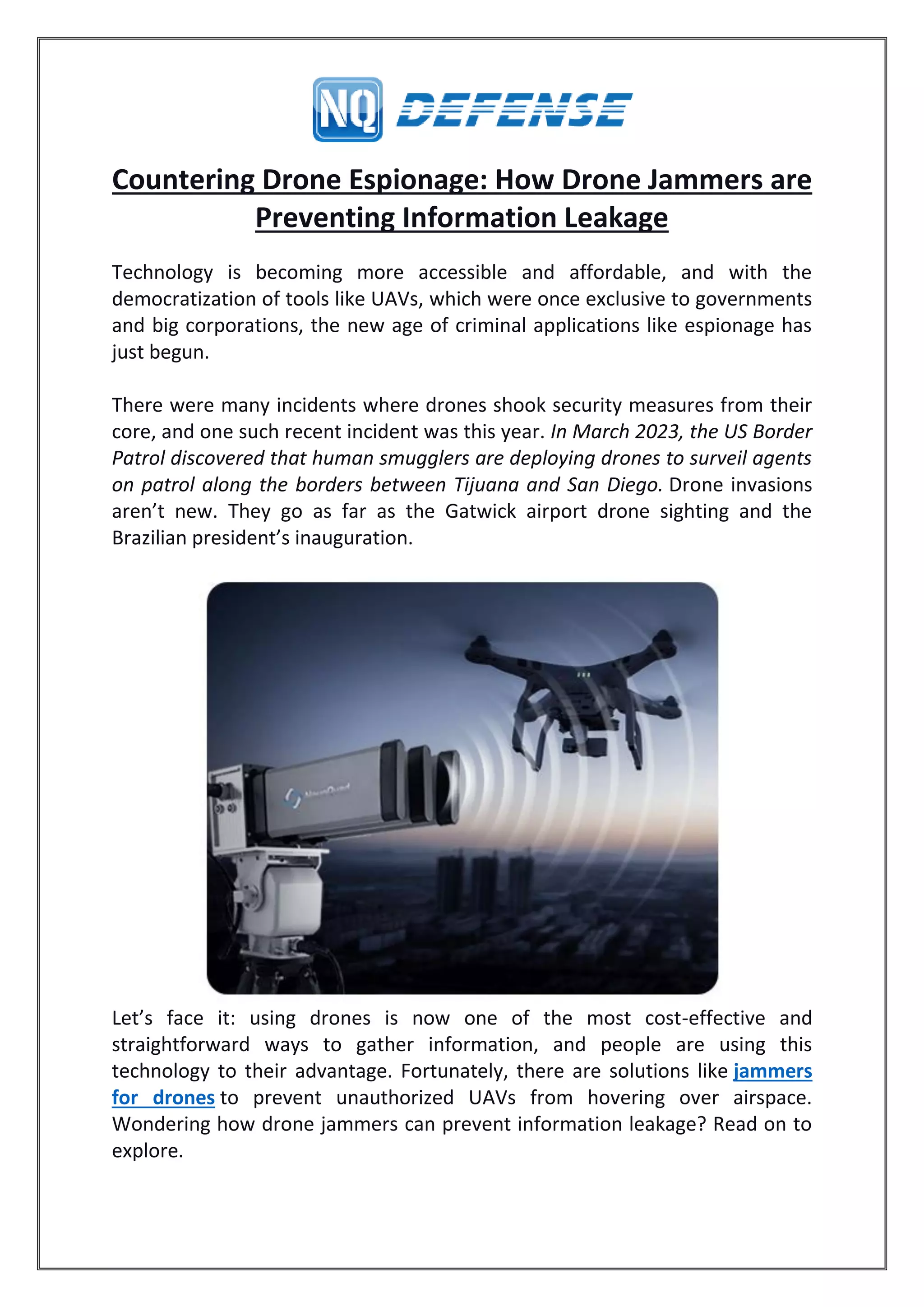 Countering Drone Espionage: How Drone Jammers are Preventing Information Leakage | PDF