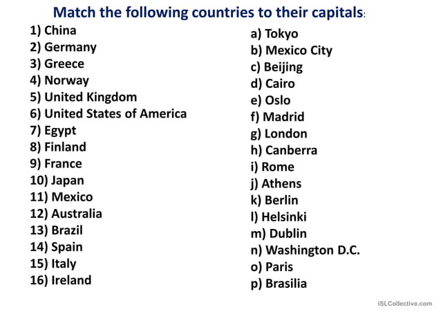 Countries and capitals of the world match | PPT