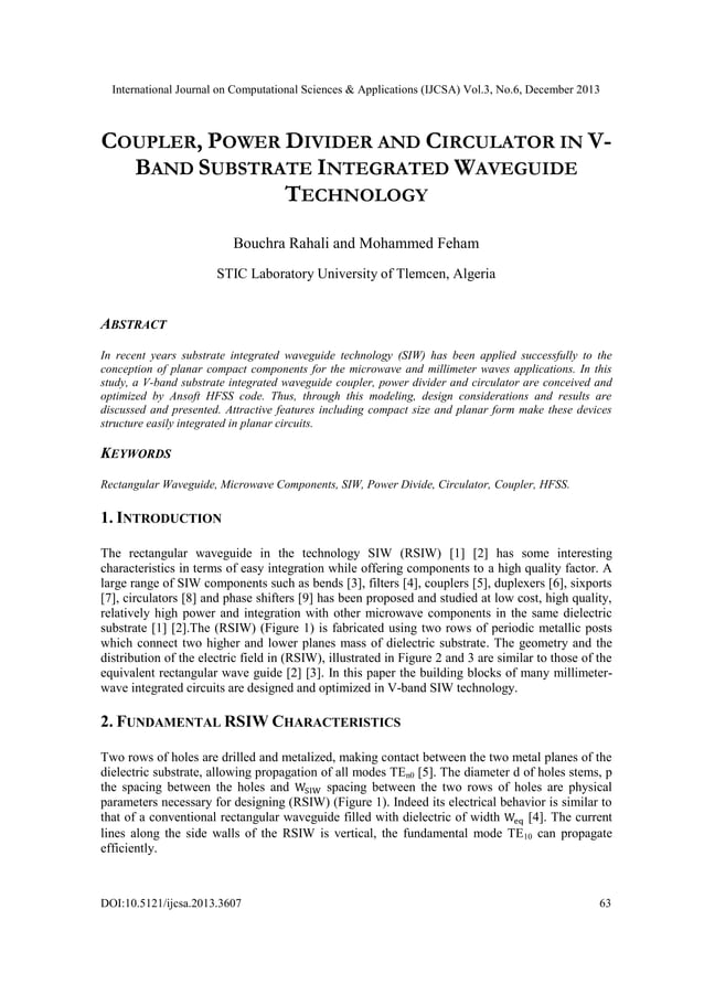 COUPLER, POWER DIVIDER AND CIRCULATOR IN V-BAND SUBSTRATE INTEGRATED WAVEGUIDE TECHNOLOGY | PDF ...