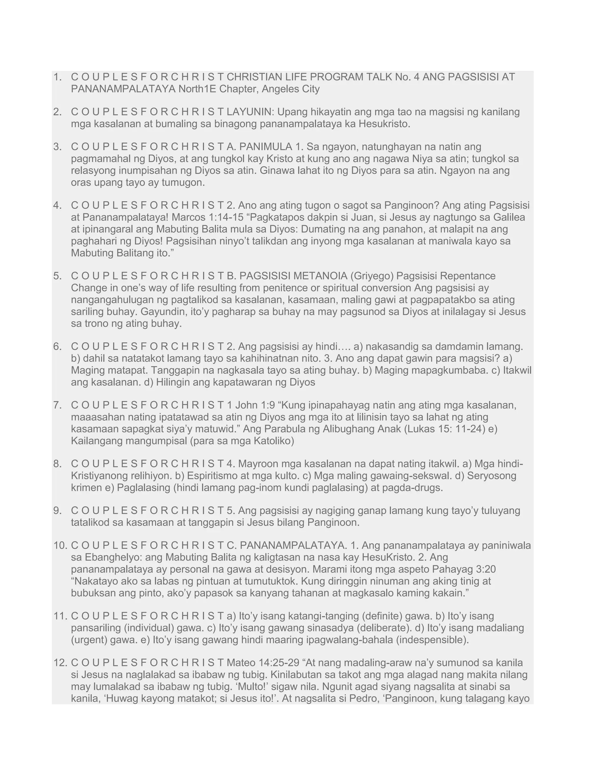 C o u p l e s f o r c h r i s t christian life program talk no | DOCX