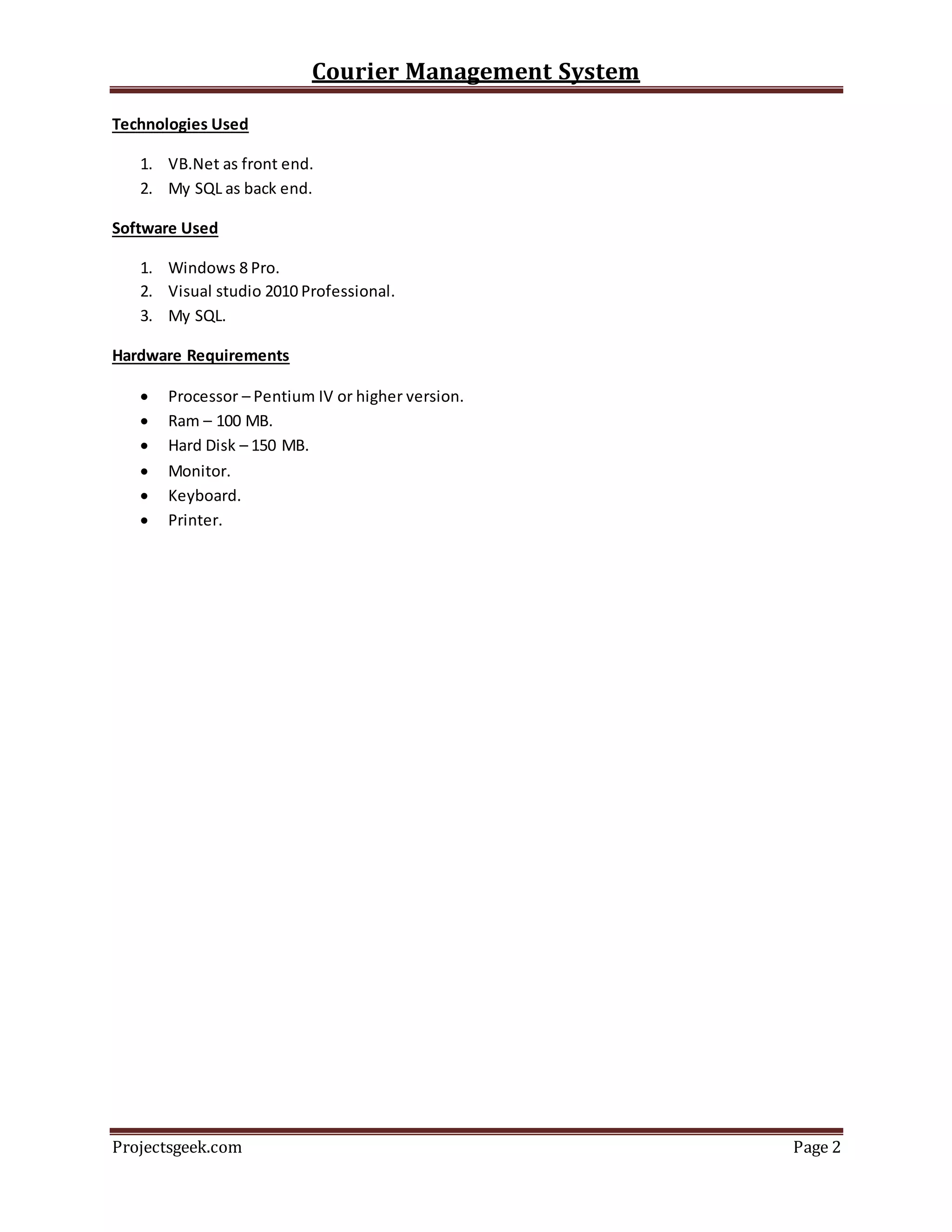 Courier management system abstract | DOCX | Computing | Technology & Computing