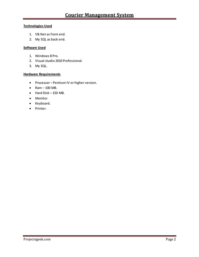 Courier management system abstract | DOCX | Computing | Technology & Computing