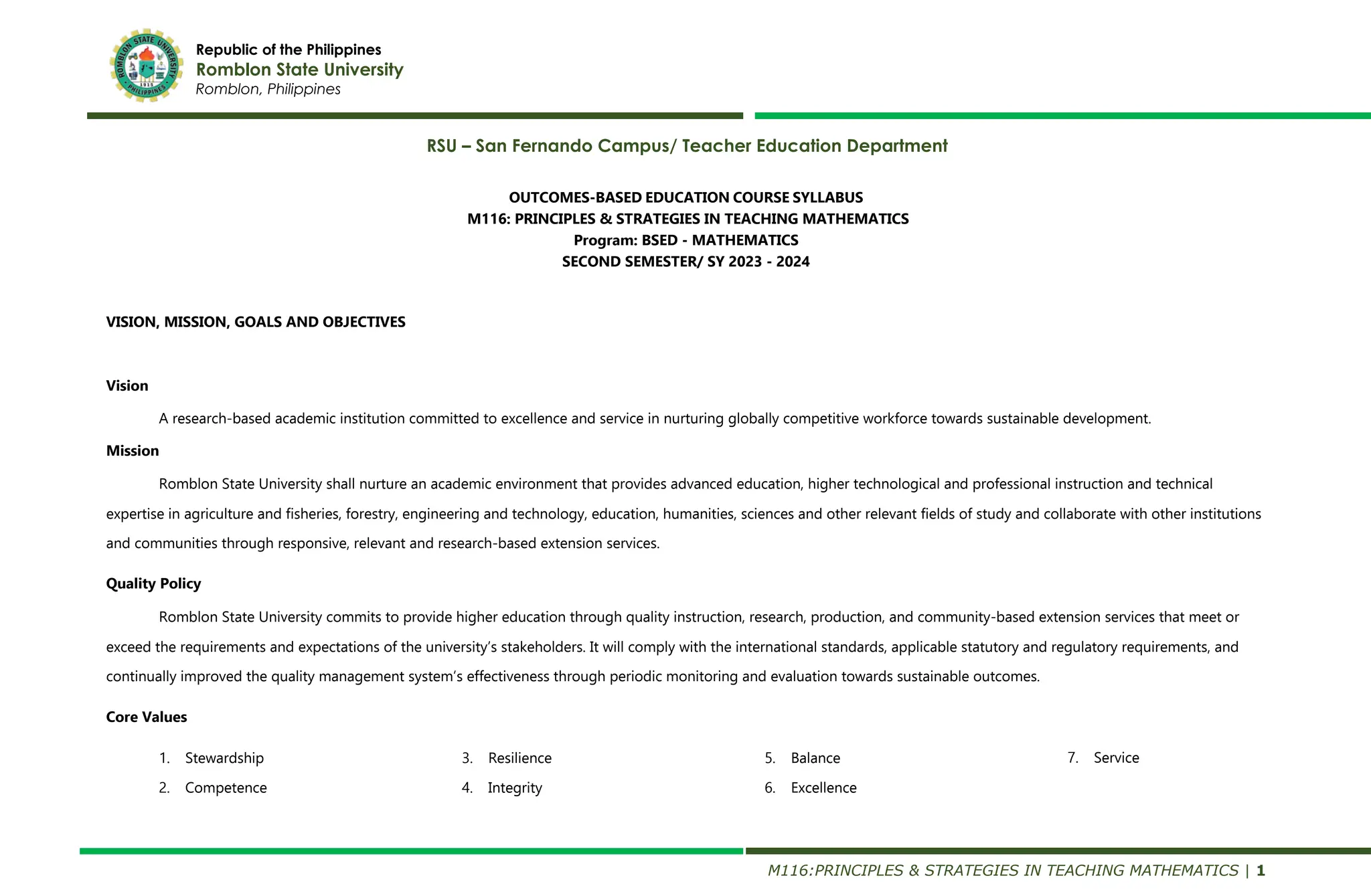 Course Syllabus for M116: Principles and Strategies in Teaching ...