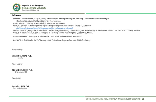 Course Syllabus for M116: Principles and Strategies in Teaching Mathematics.pdf | Educational ...