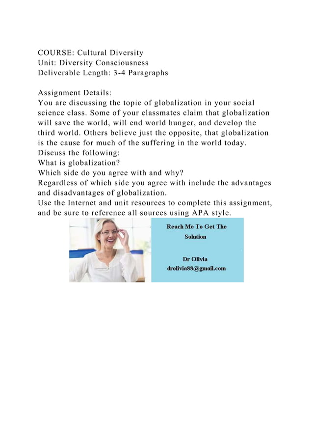 COURSE Cultural DiversityUnit Diversity ConsciousnessDeliverab.docx