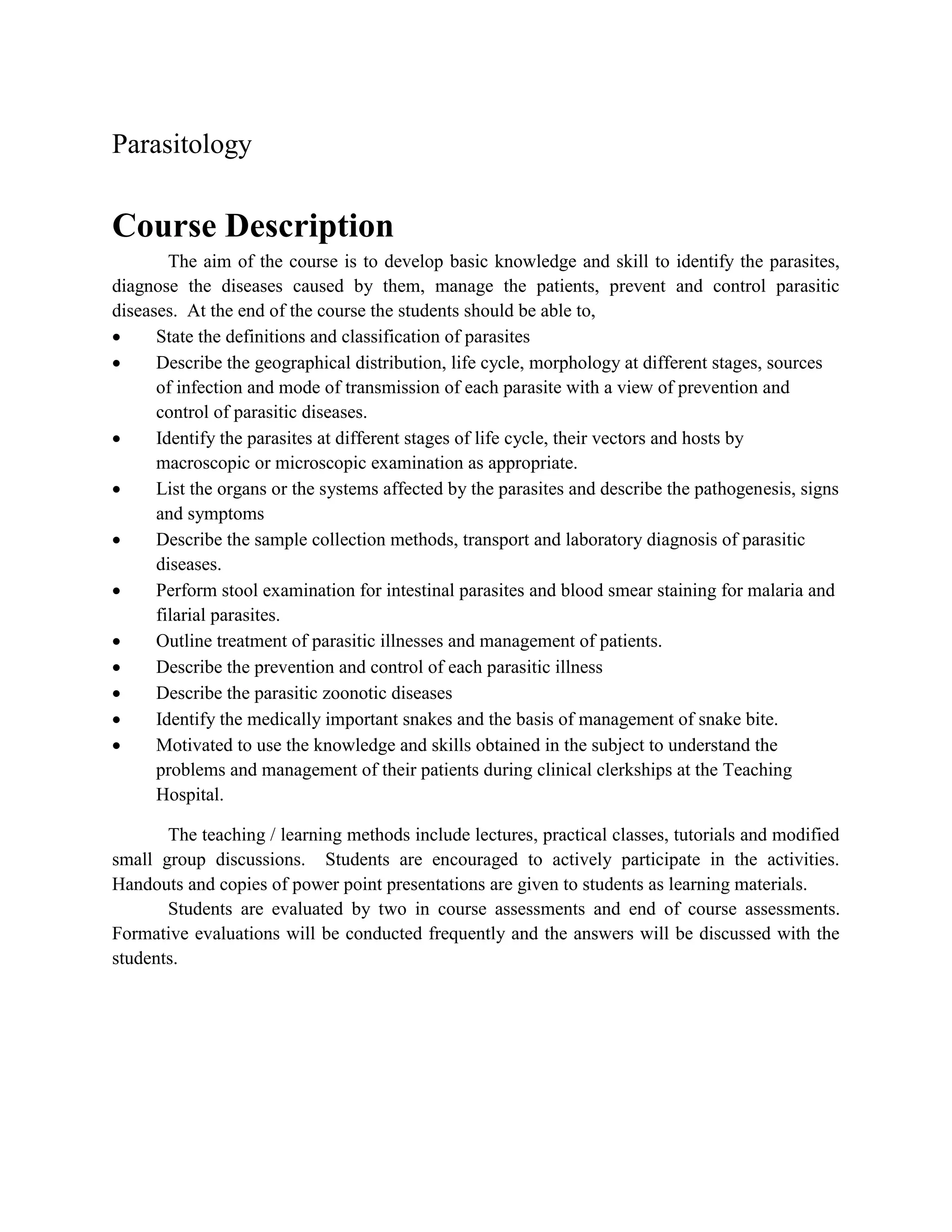 Parasitology Course details | PDF