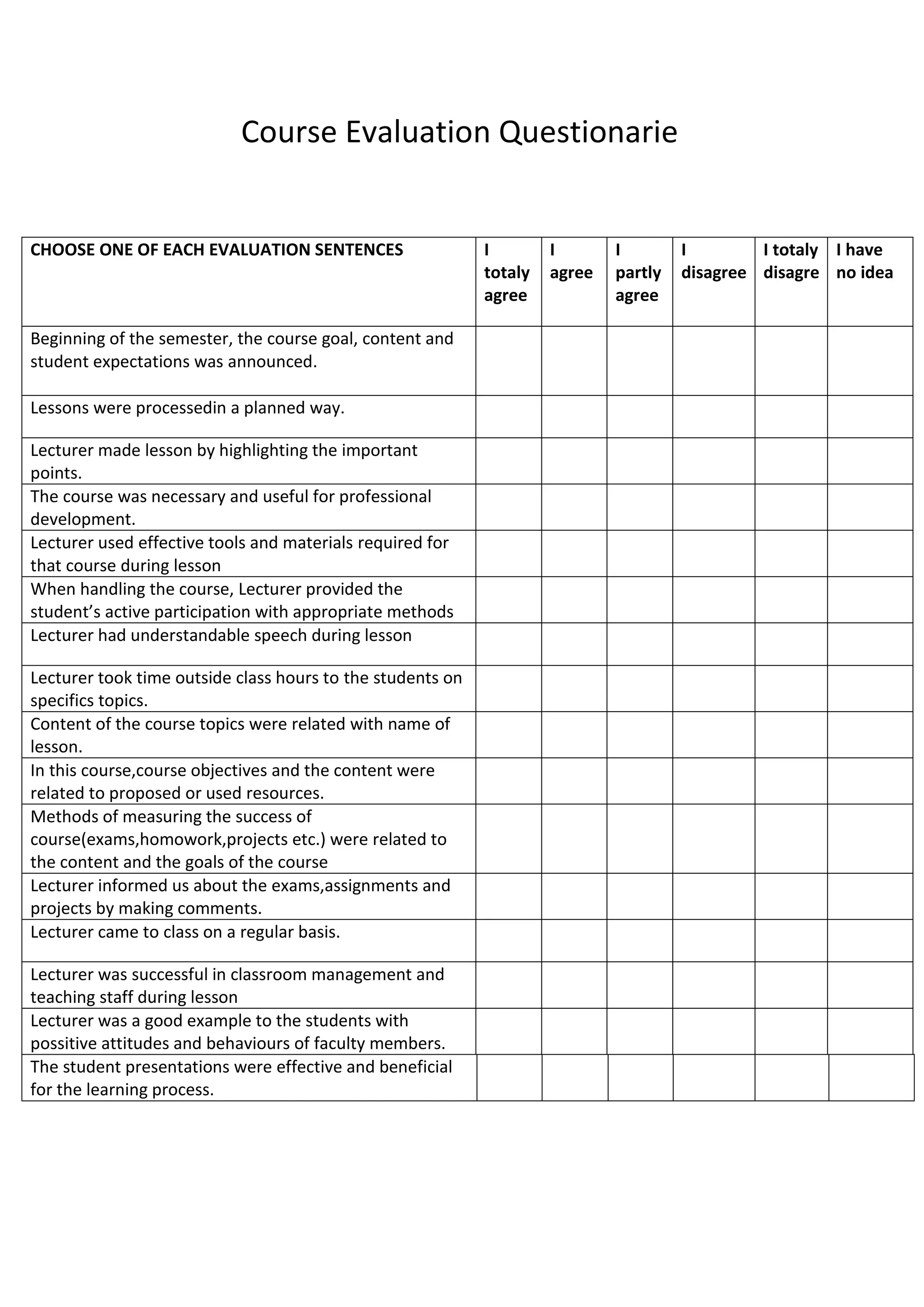 Course evaluation questionarie example | DOCX