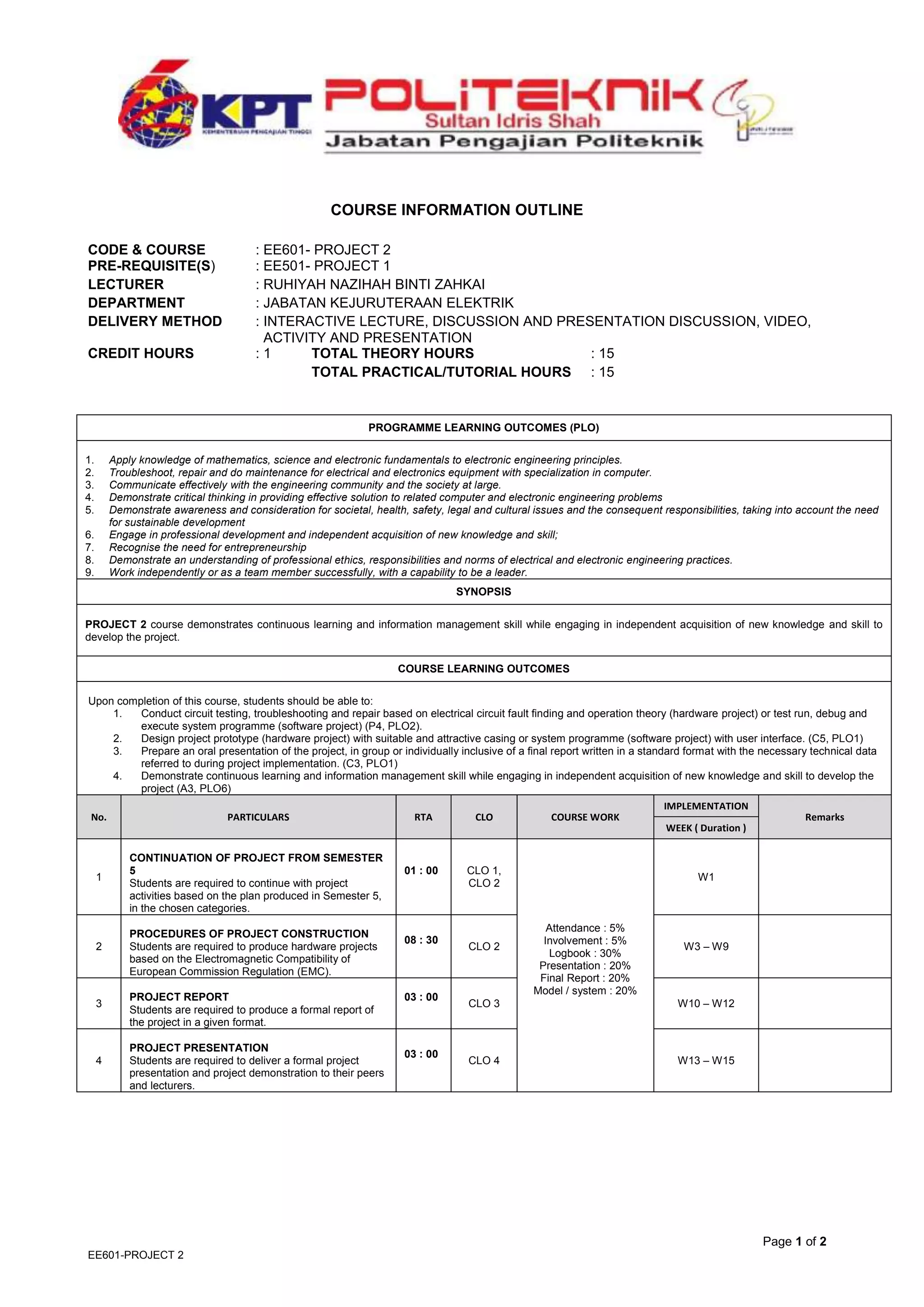 Course Information Outline EE601 | DOCX