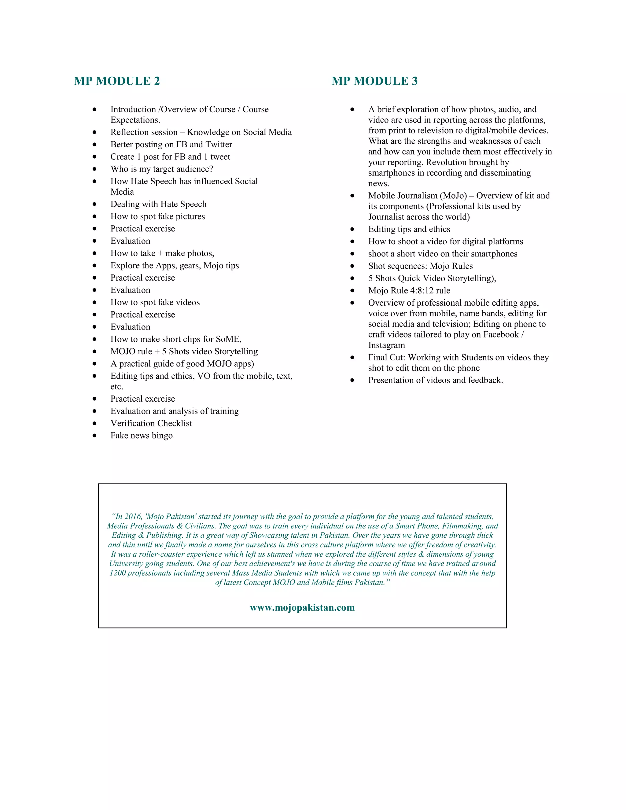 Mojo Pakistan Course modules | PDF