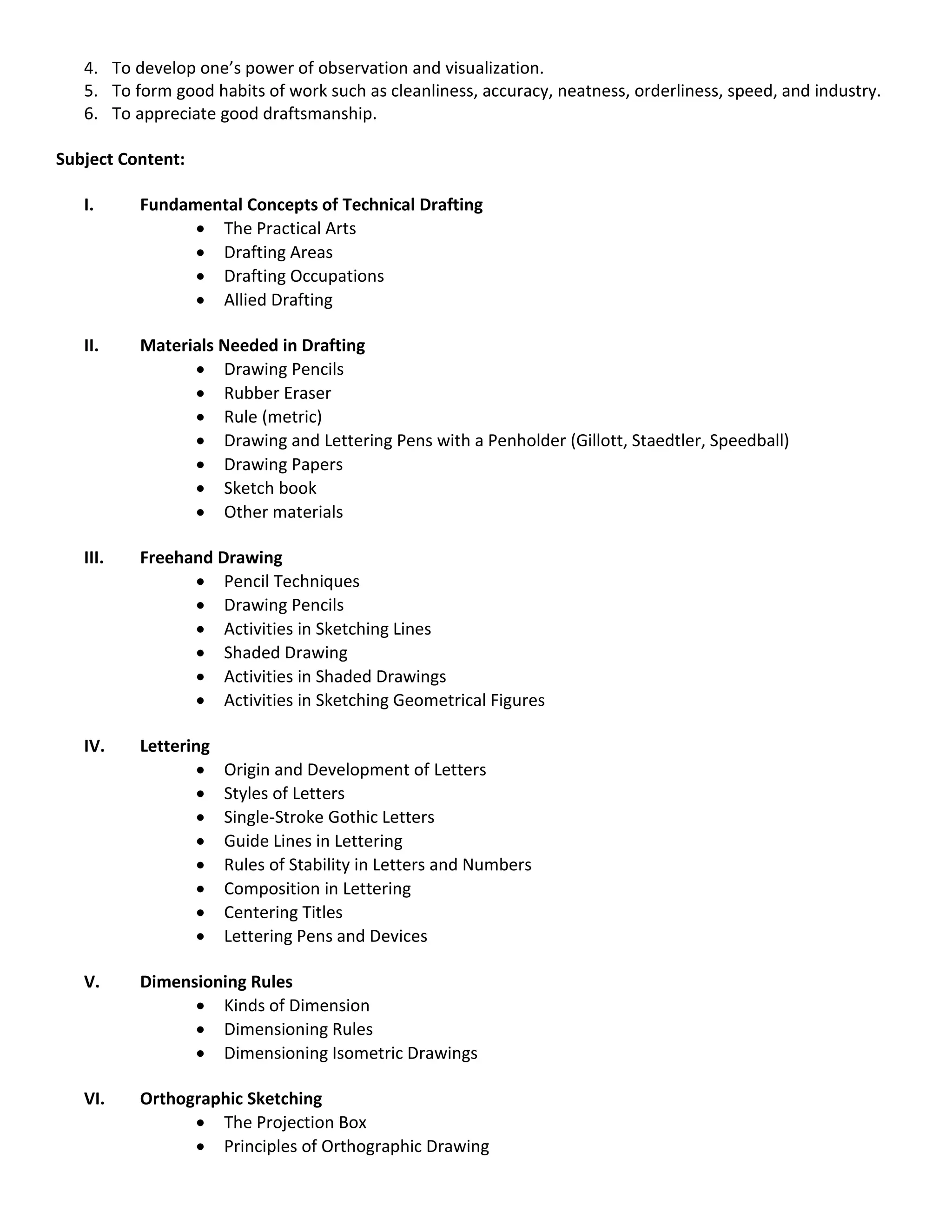 Technical Drafting Subject Outline | DOCX
