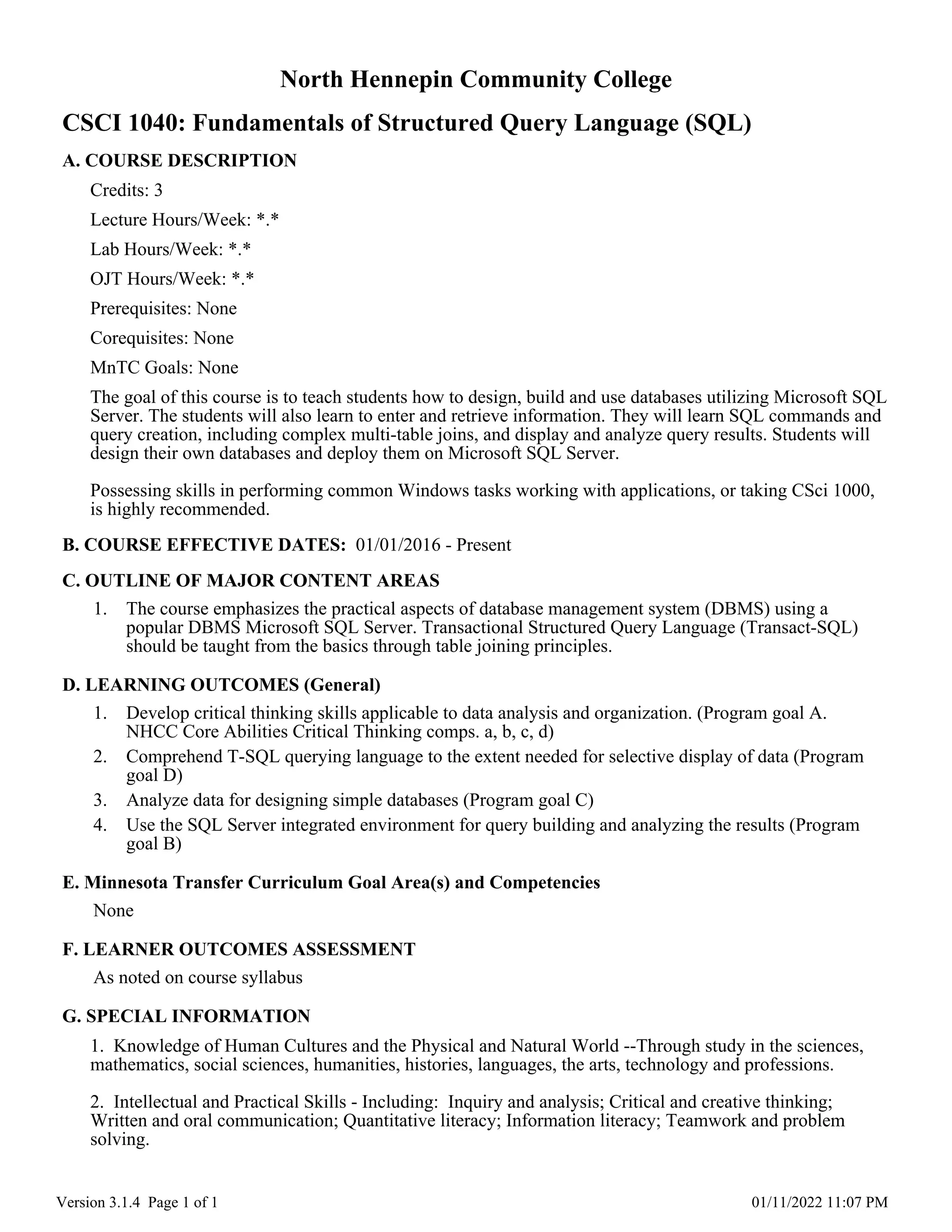 Course outline | PDF | Databases | Computer Software and Applications