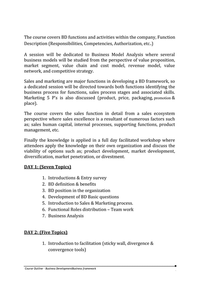 Course outline business development | PDF | Business | Business and Finance