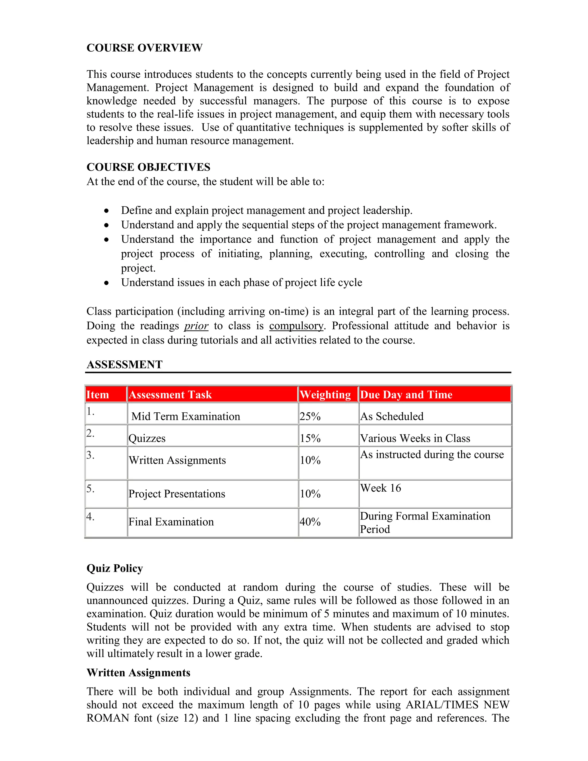 Course outline of Project managemnet | DOCX