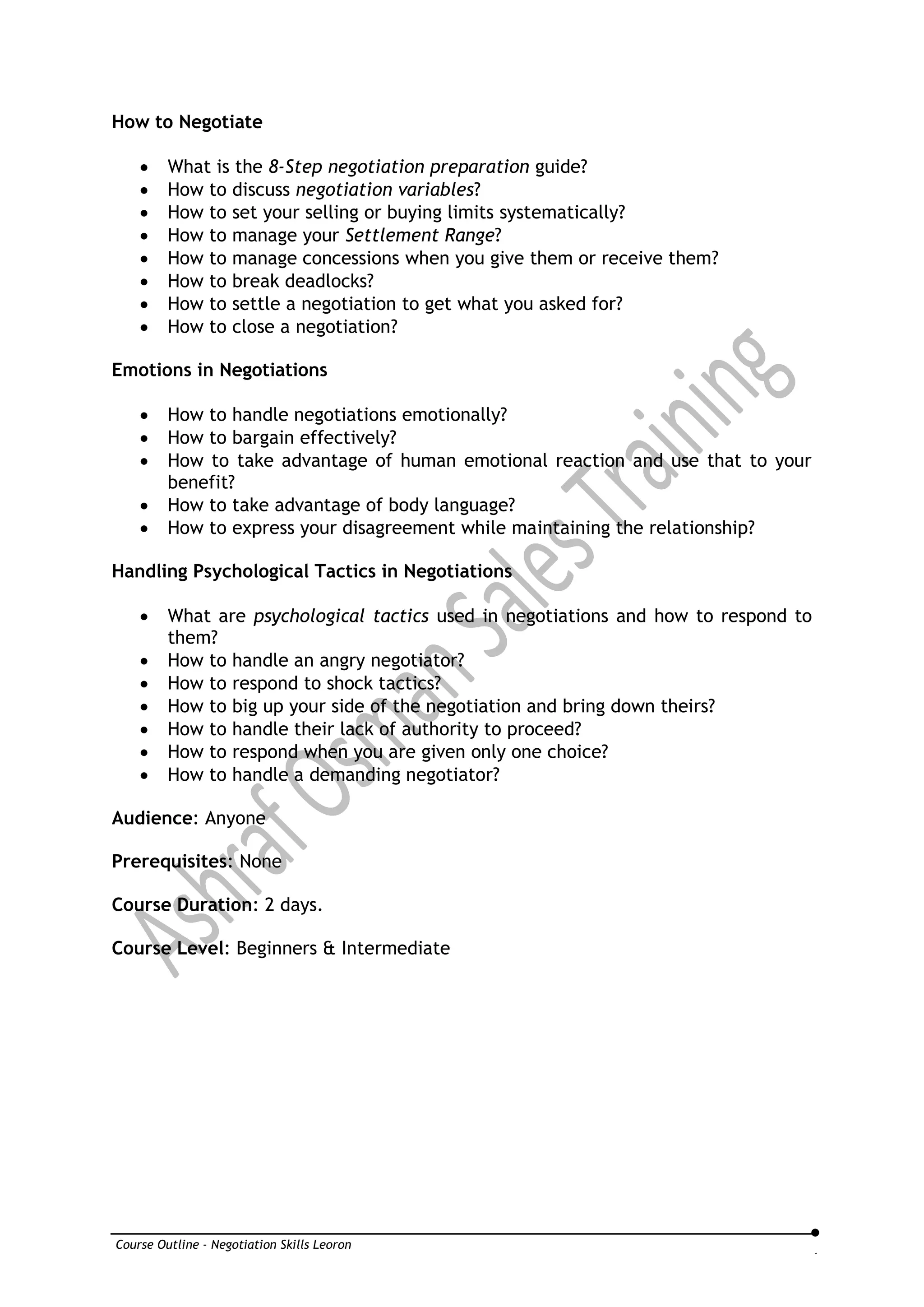 Course outline negotiation skills leoron | PDF | Business | Business ...