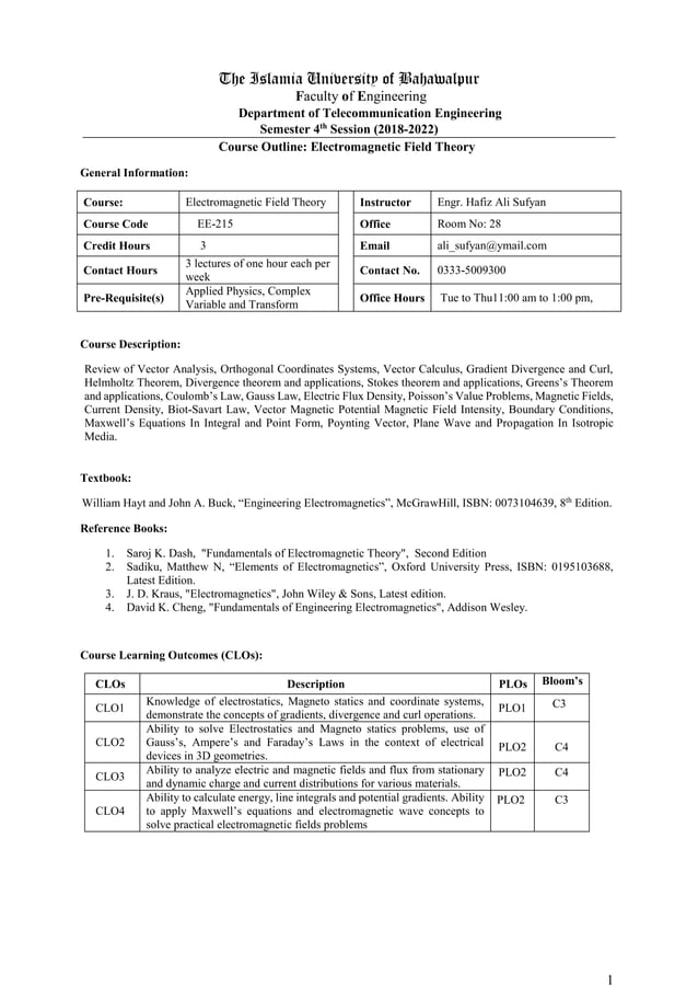 Course outline obe based - EMT | PDF | Physics | Science