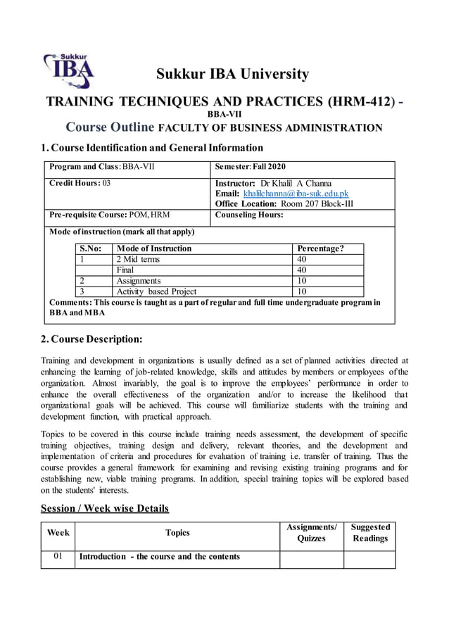 Course outline training, techniques and practices - fall-2020 | PDF