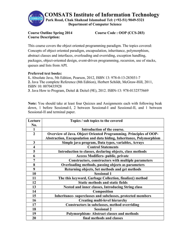 Course Outline Csc241 Object Oriented Programming Doc