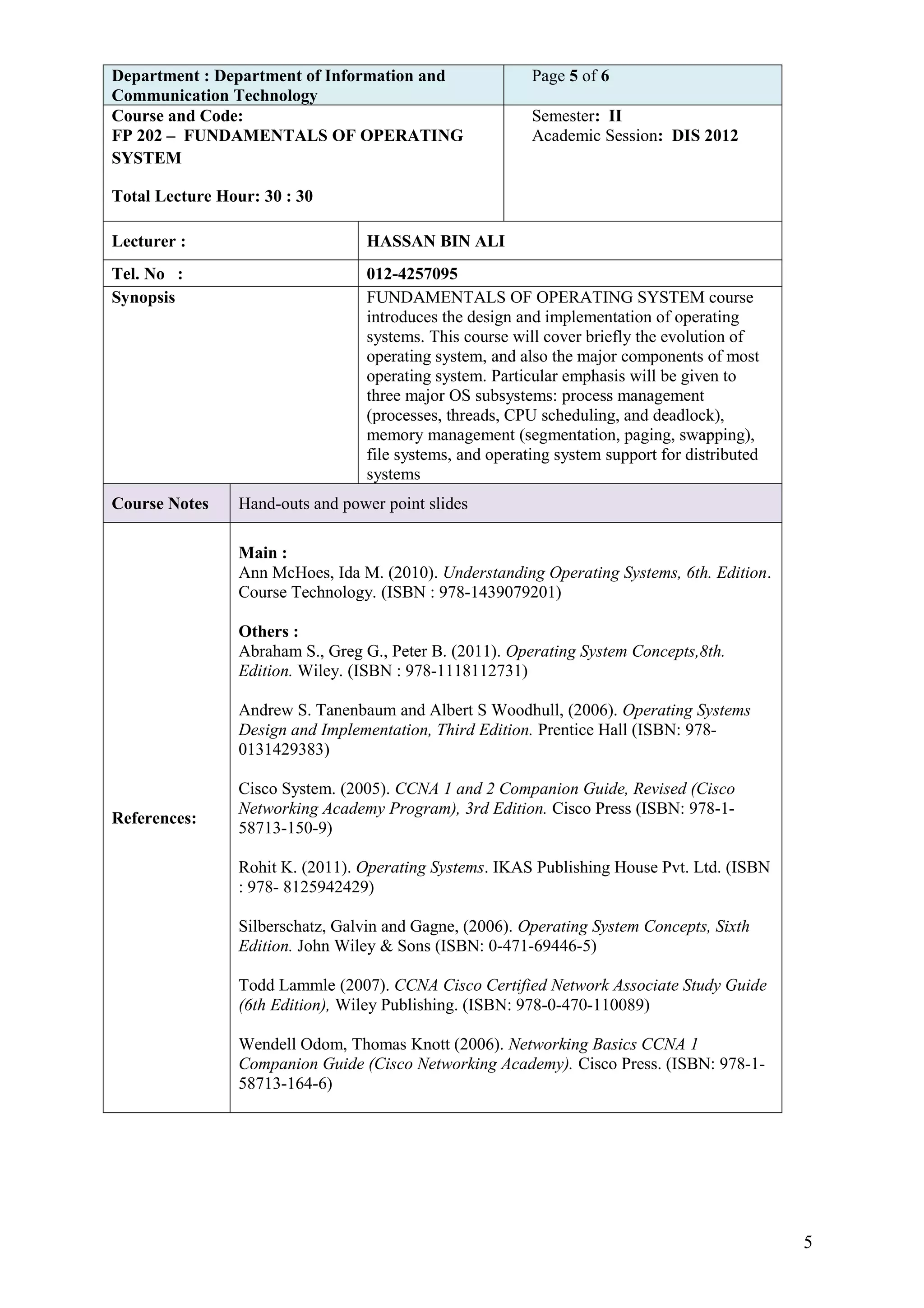 Course outline FP202 - Dis 2012 | DOC | Operating Systems | Computer ...
