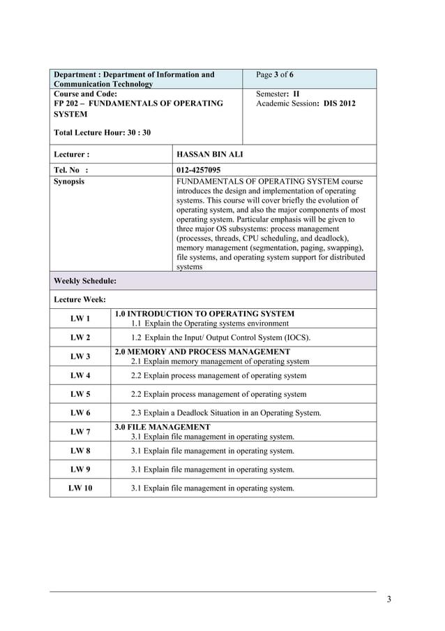 Course outline FP202 - Dis 2012 | DOC | Operating Systems | Computer Software and Applications