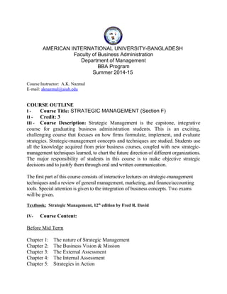 Course outline of strategic management.sec.f | PDF