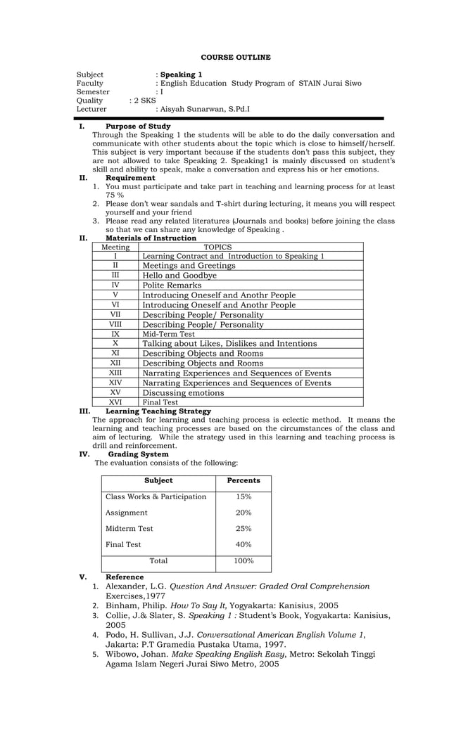 Course outline speaking 1 | DOC