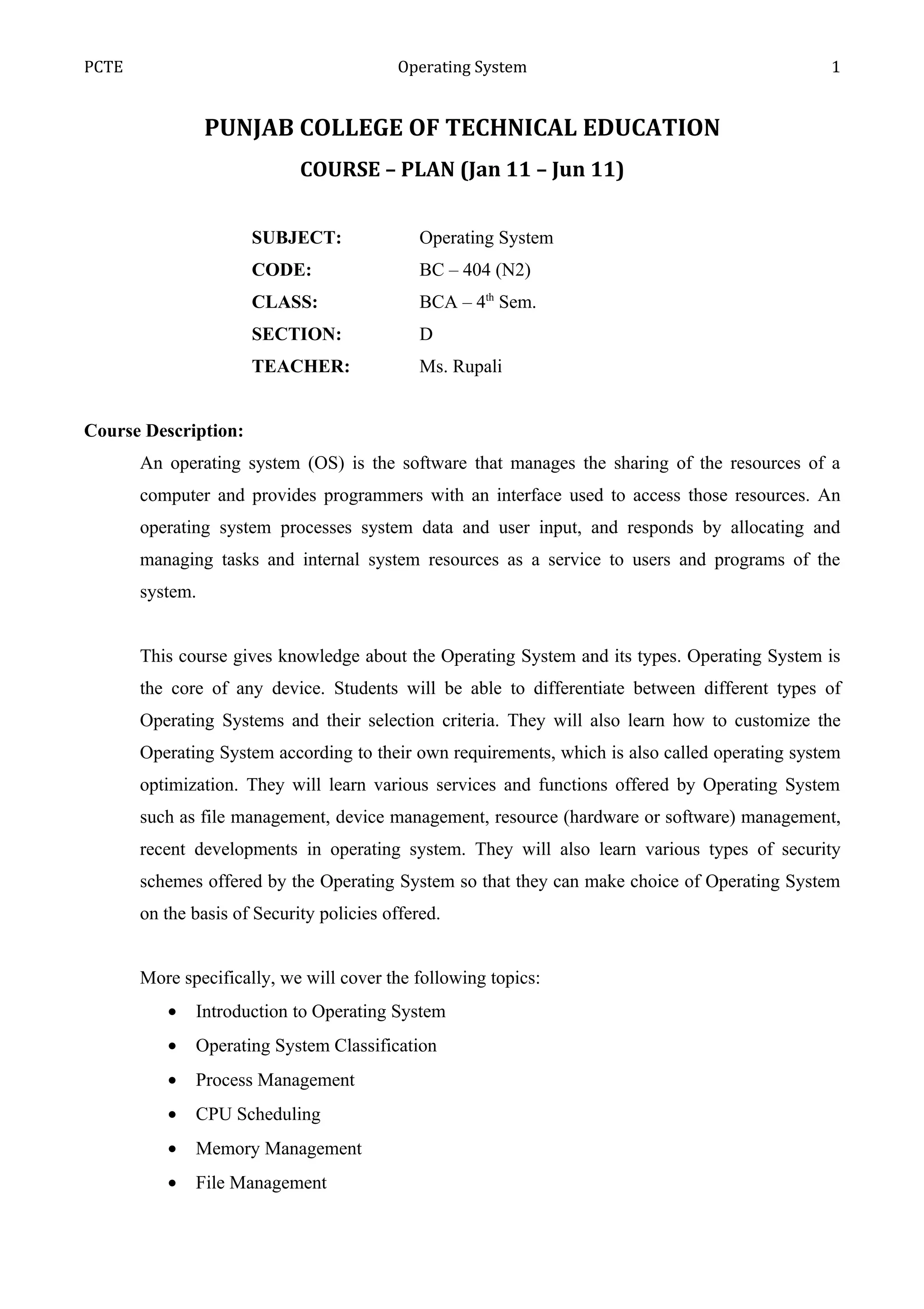 Course plan os | DOC