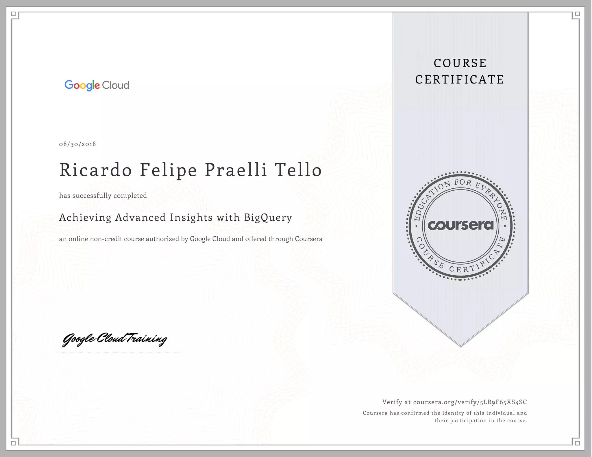 Achieving Advanced Insights with BigQuery Certificate | PPT