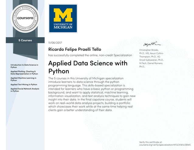 Applied Data Science with Python Specialization 2017 Certificate | PDF