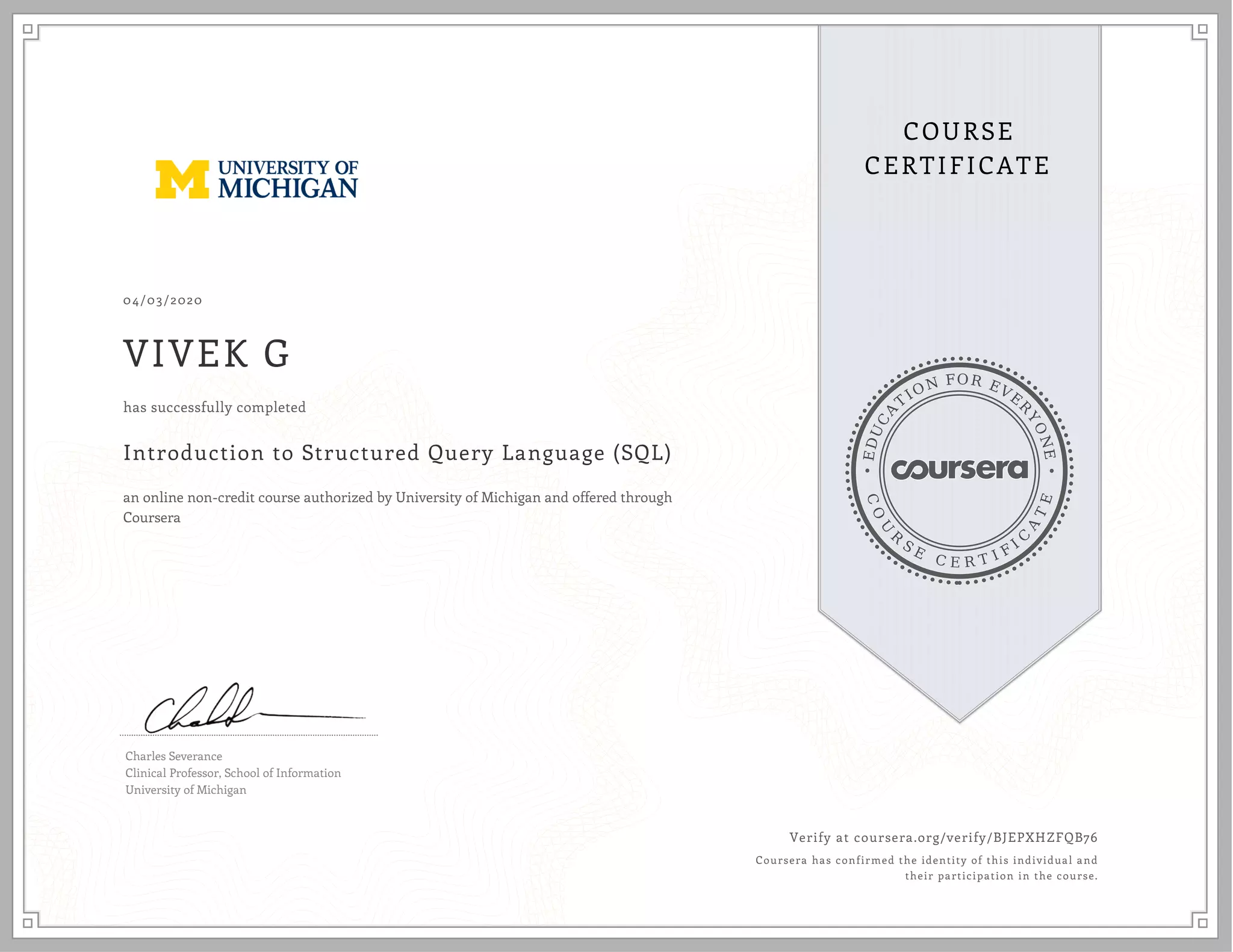 Coursera Certificate | PDF | Databases | Computer Software and Applications