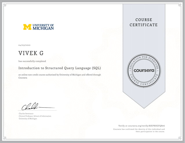 Coursera Certificate | PDF | Databases | Computer Software and Applications