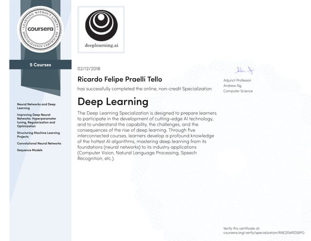 Deep Learning Specialization Certificate | PPT