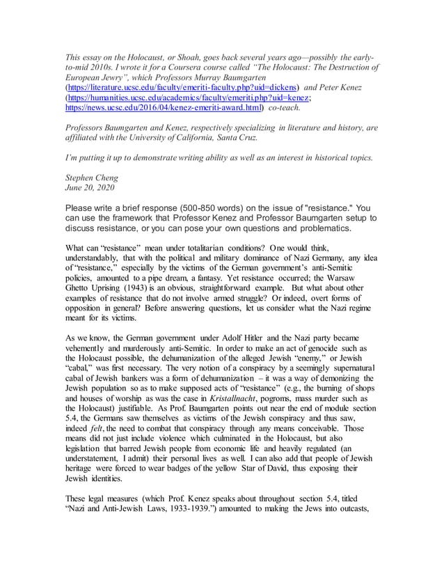 Jewish Resistance to Nazi Germany (a Coursera essay) | DOCX | Death, Injury, or Military ...