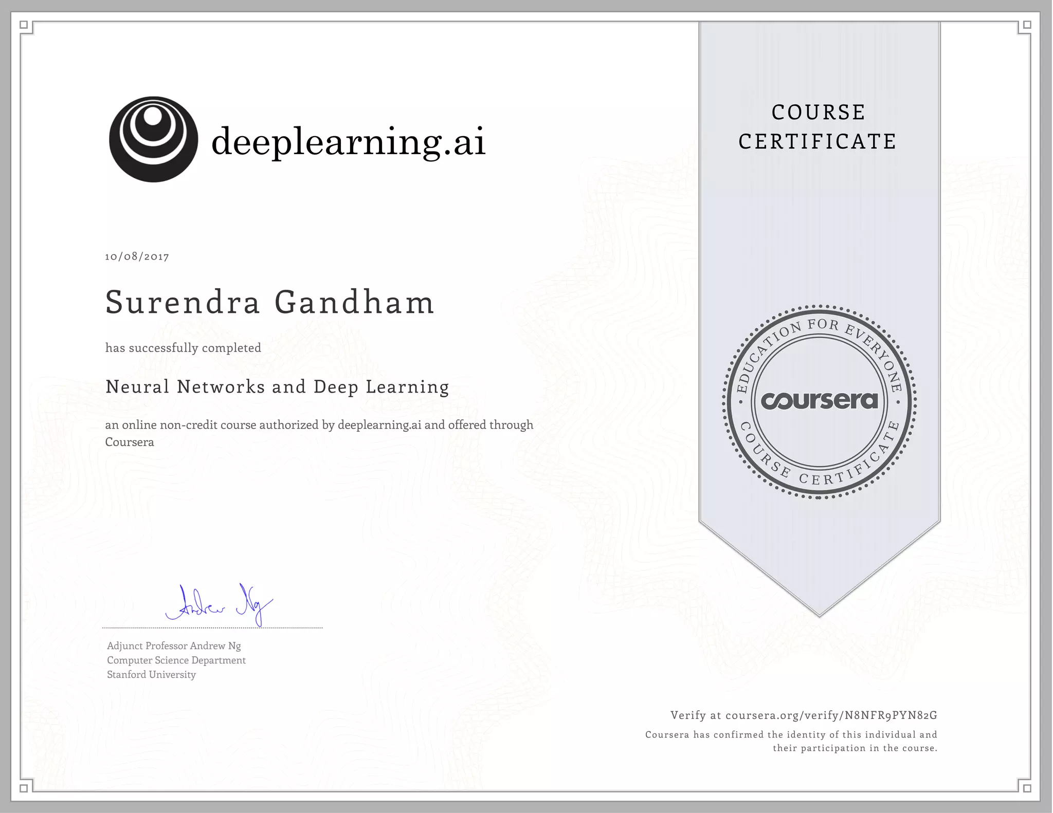 Deep Learning Certificate-Surendra Gandham | PDF