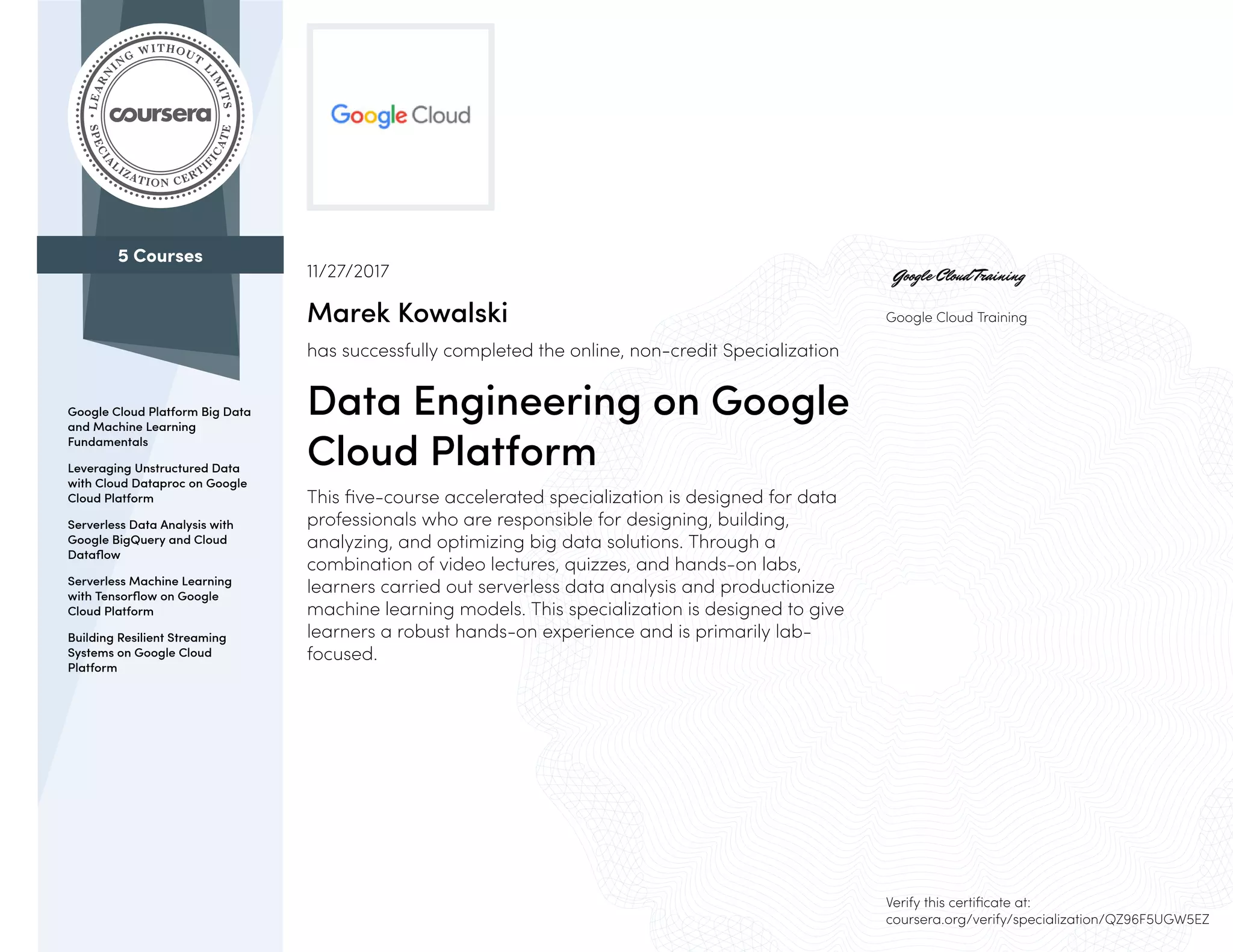 Data Engineering on Google Cloud Platform Specialization | PPT