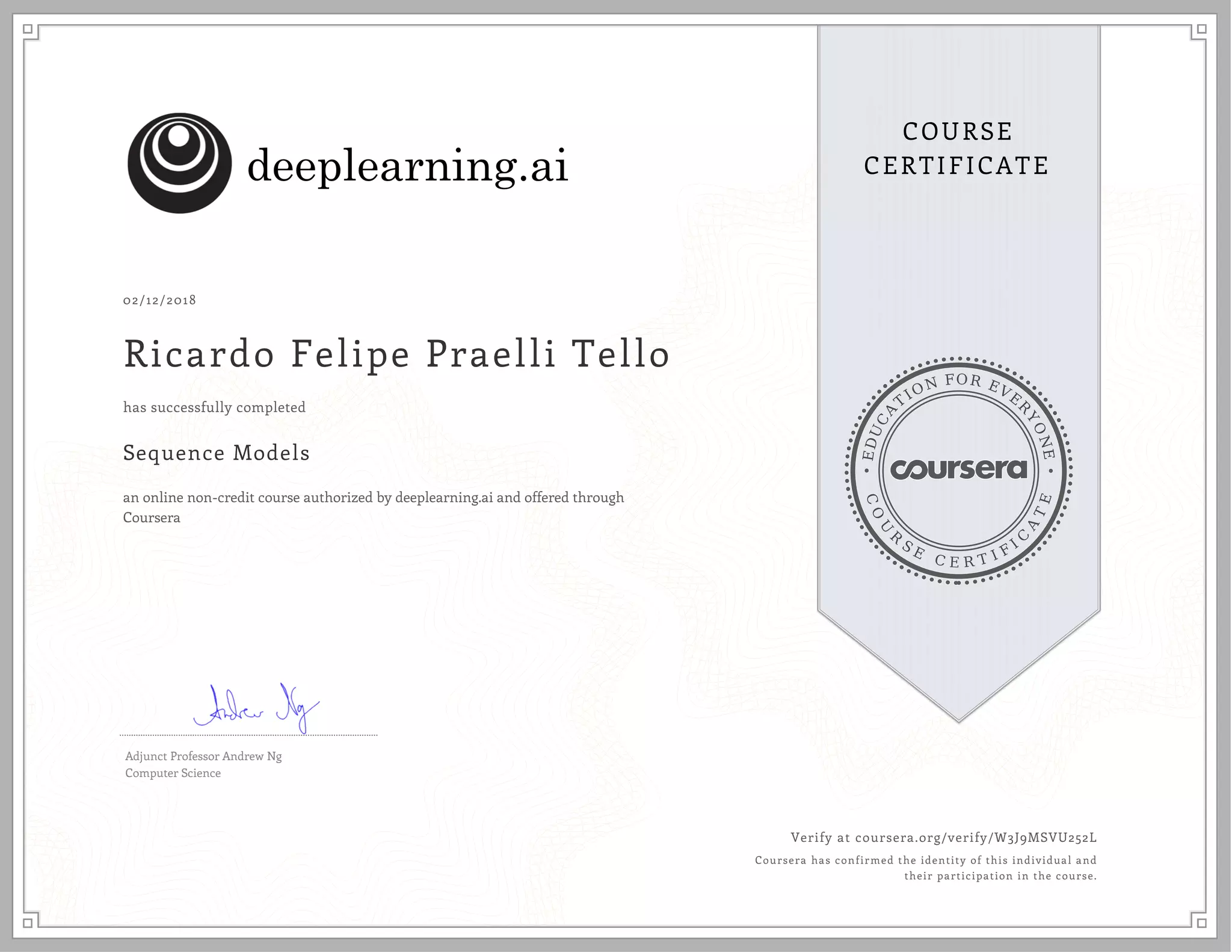 Sequence Models Certificate | PDF