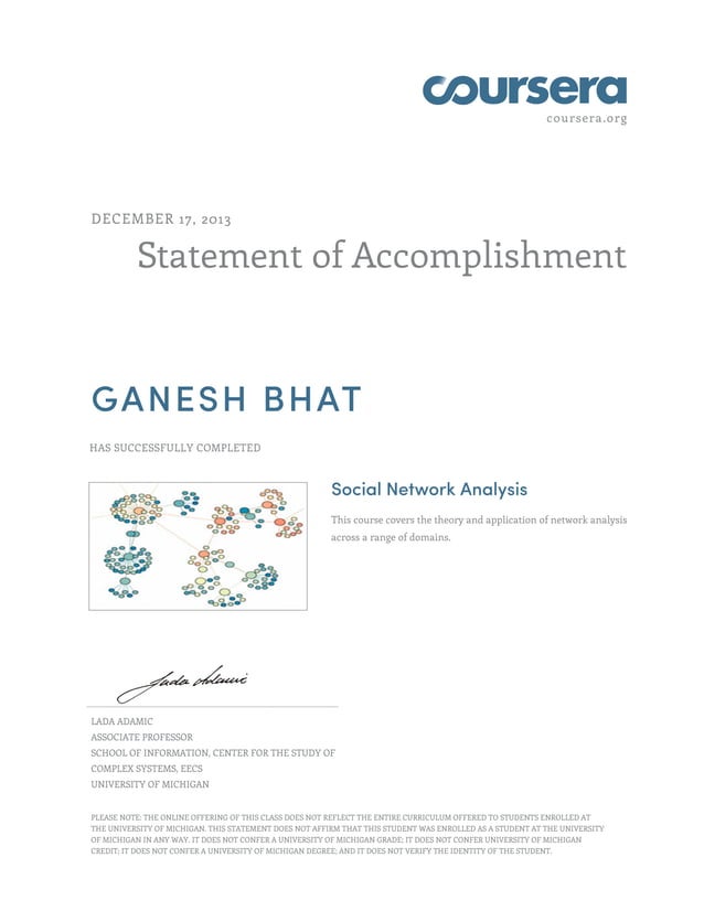 Statement of Accomplishment - SNA - By Lada Adamic of University of ...