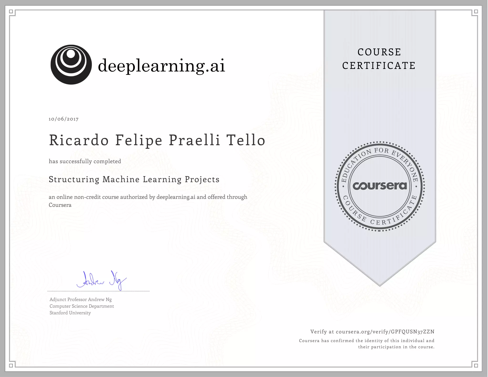 Structuring Machine Learning Projects 2017 Certificate | PDF