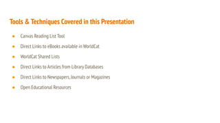 Course Reading Lists : Syllabus Building with Library Resources & Open Educational Resources | PPT