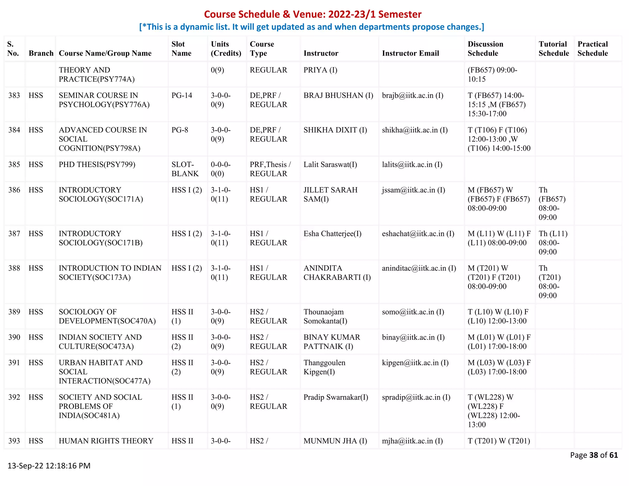 IIT Kanpur Course Schedule 2022-23 | PDF
