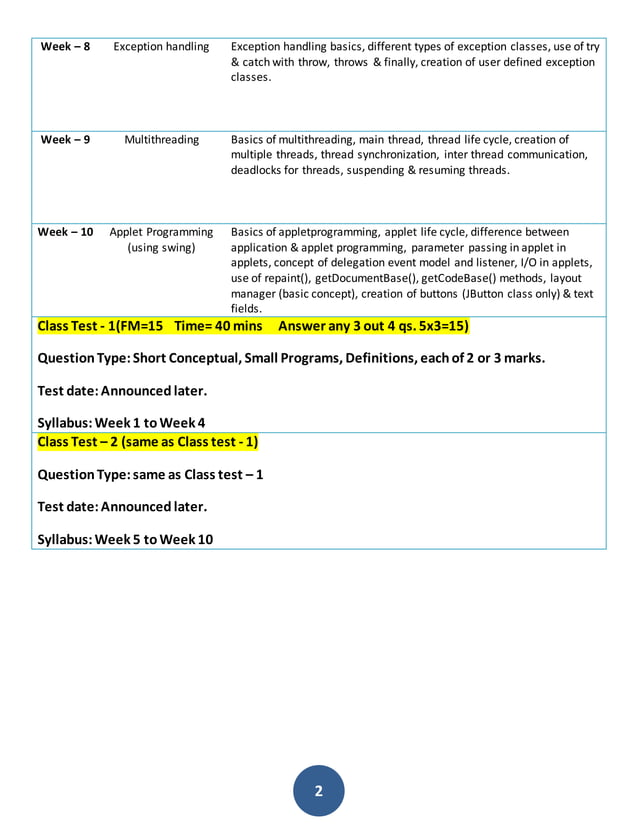 Course Schedule Of Java Object Oriented Programming Docx