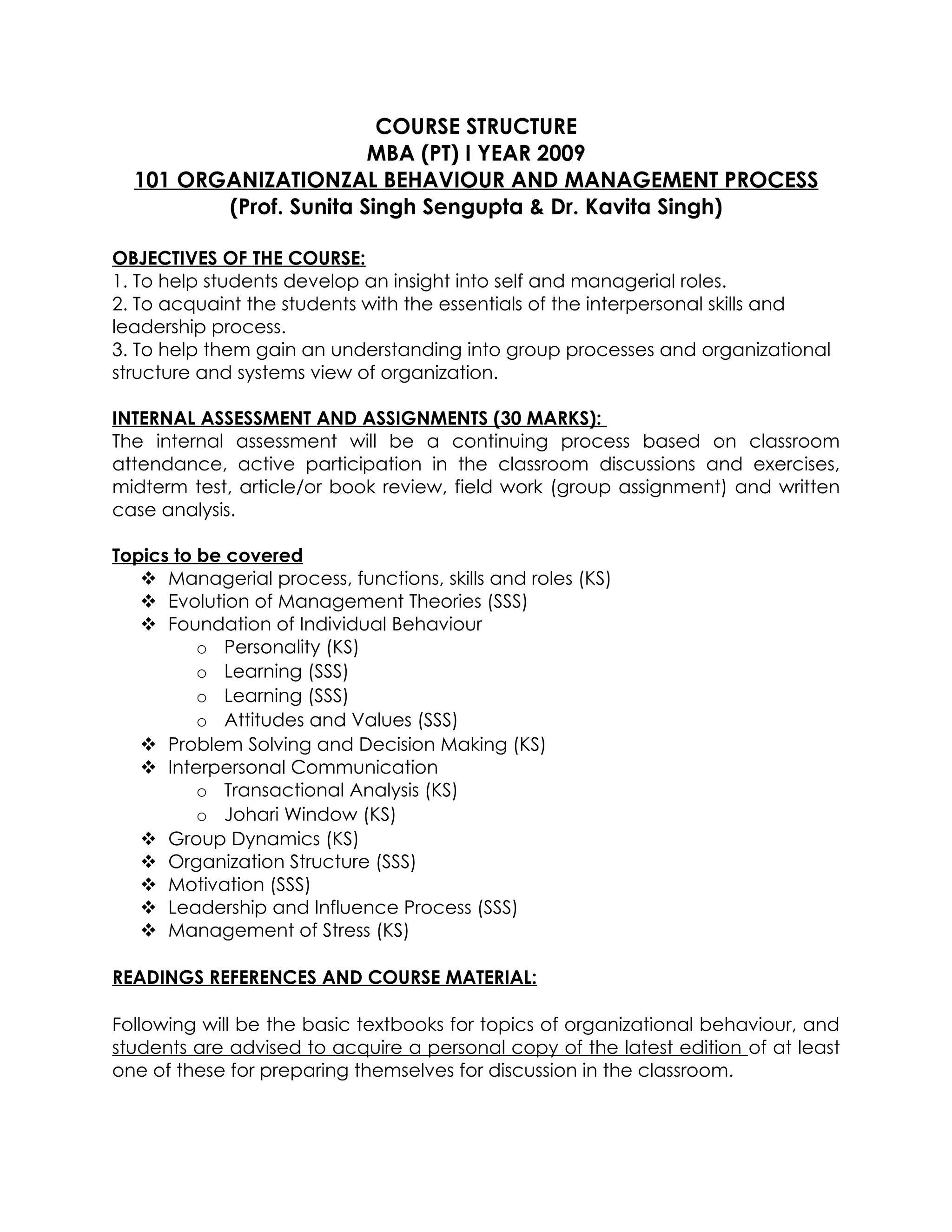 Course structure 101 organizational behaviour and management process | RTF