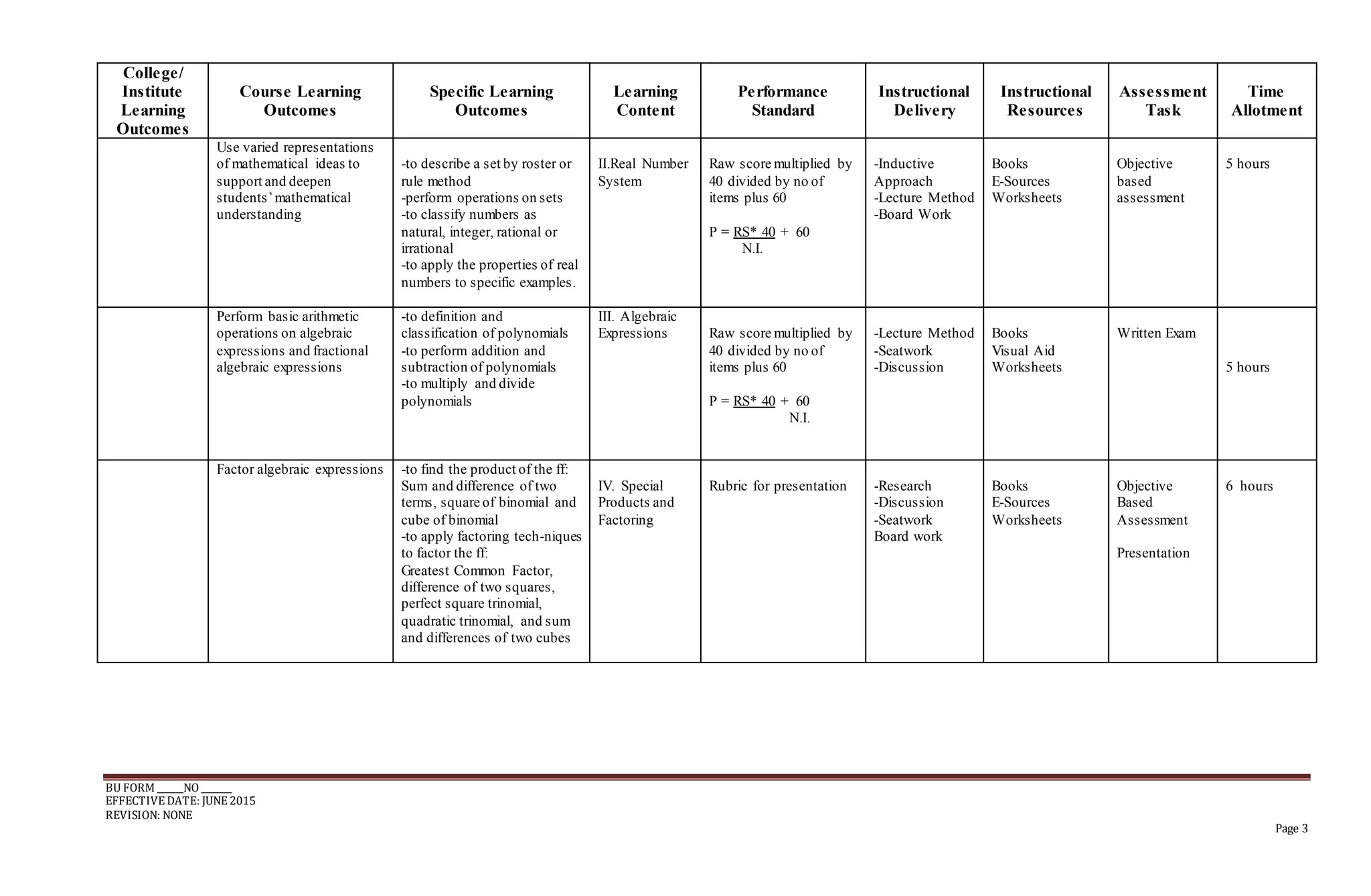 Course syllabus college algebra | DOCX