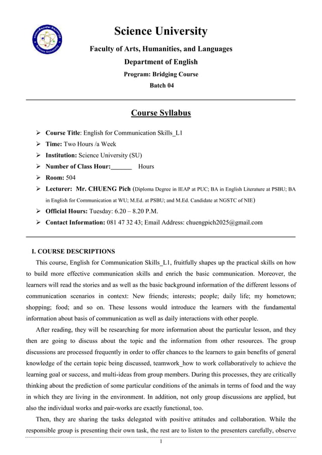Course Syllabus Communication Skills PDF Course Syllabus Communication Skills PDF