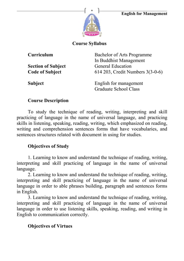 Course syllabus english for management | DOCX