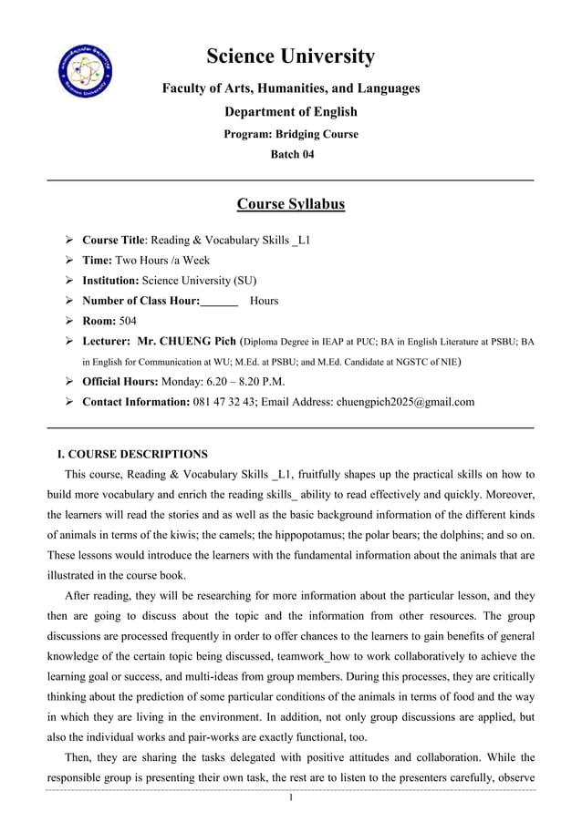 Course syllabus read & vocabulary skills | PDF