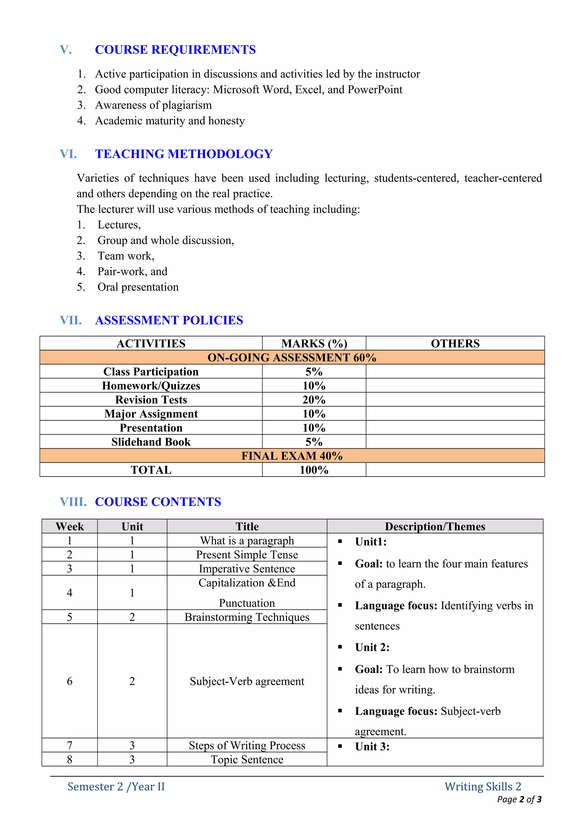 Course syllabus, ws,y2 s1 | PDF