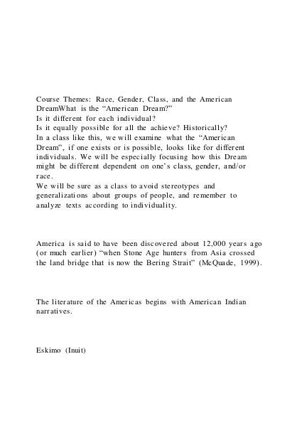 Course Themes Race, Gender, Class, and the American Dream | DOCX