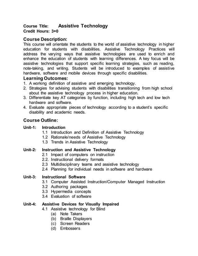 Course Title Assistive Technology.docx | Special Education | Education
