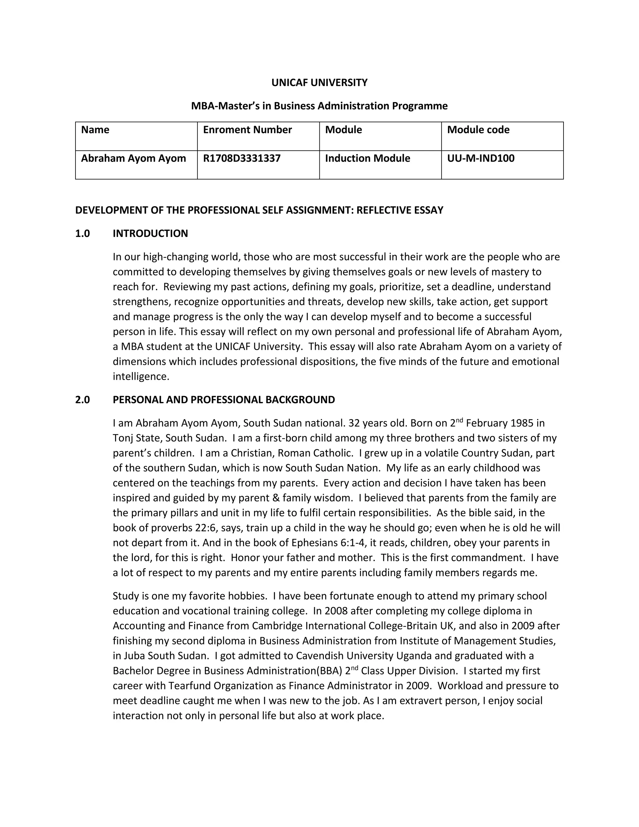 Course work for mba reflective essay assesment for abraham ayom mba ...