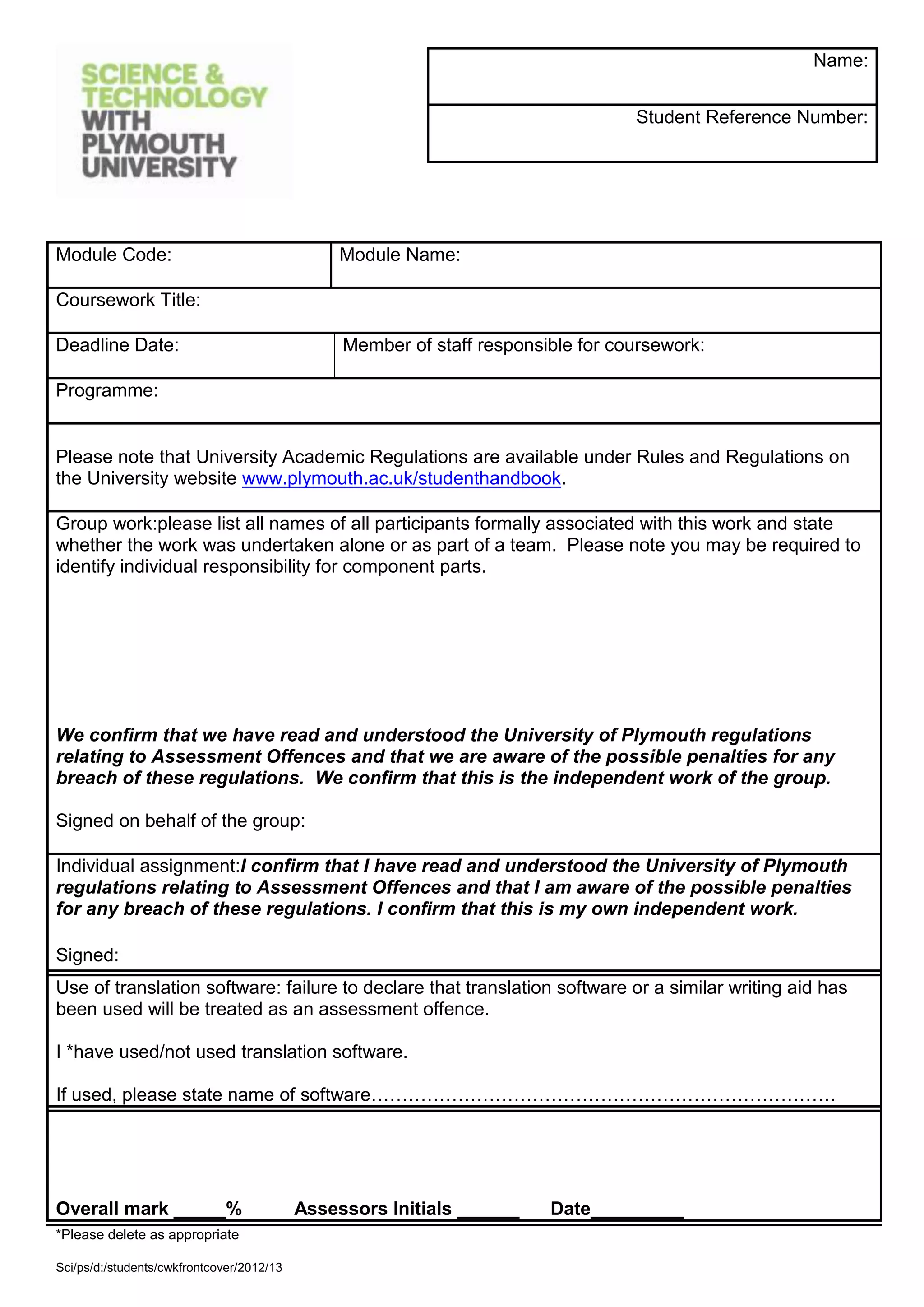 Coursework front cover sheet 12 13 | DOCX